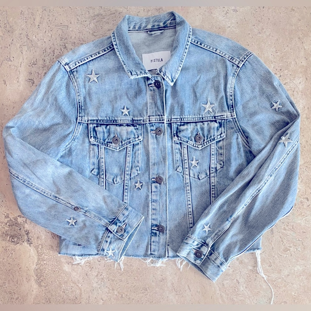Pistola Naya Silver Star Embroidered Denim Jacket In … - Gem